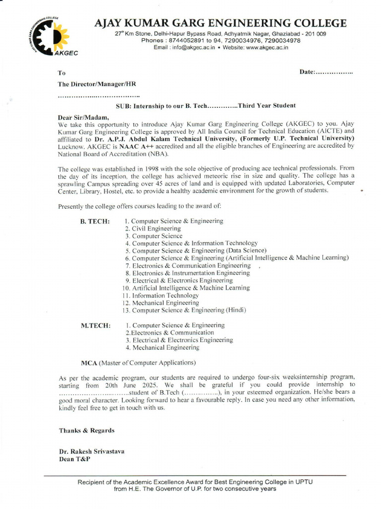 NOC Internship Letter 2026 Batch | PDF