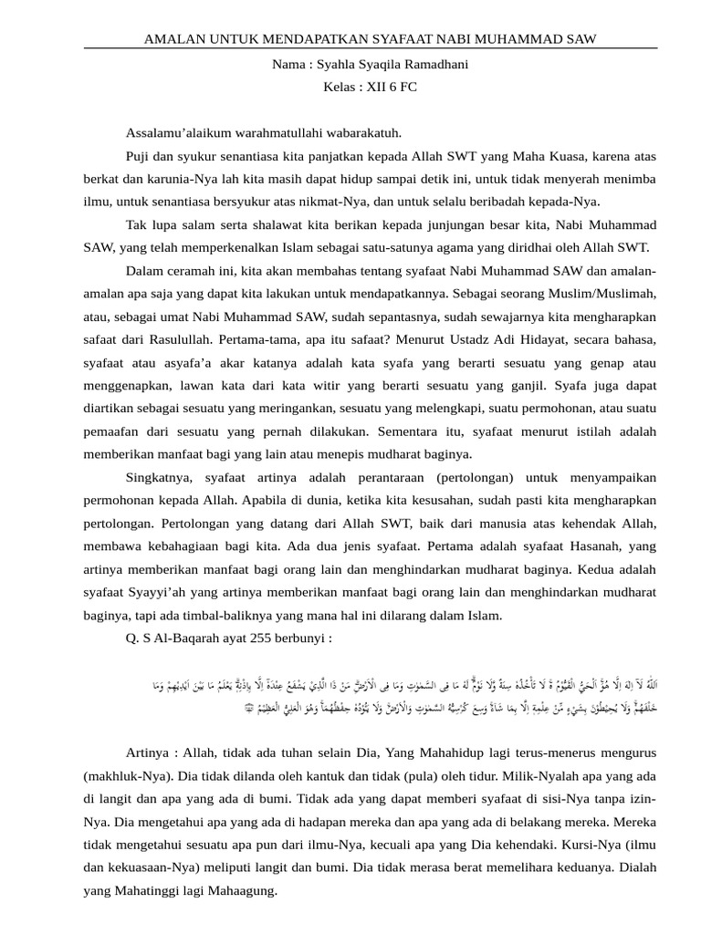 Amalan Mendapatkan Syafaat Nabi Muhammad | PDF