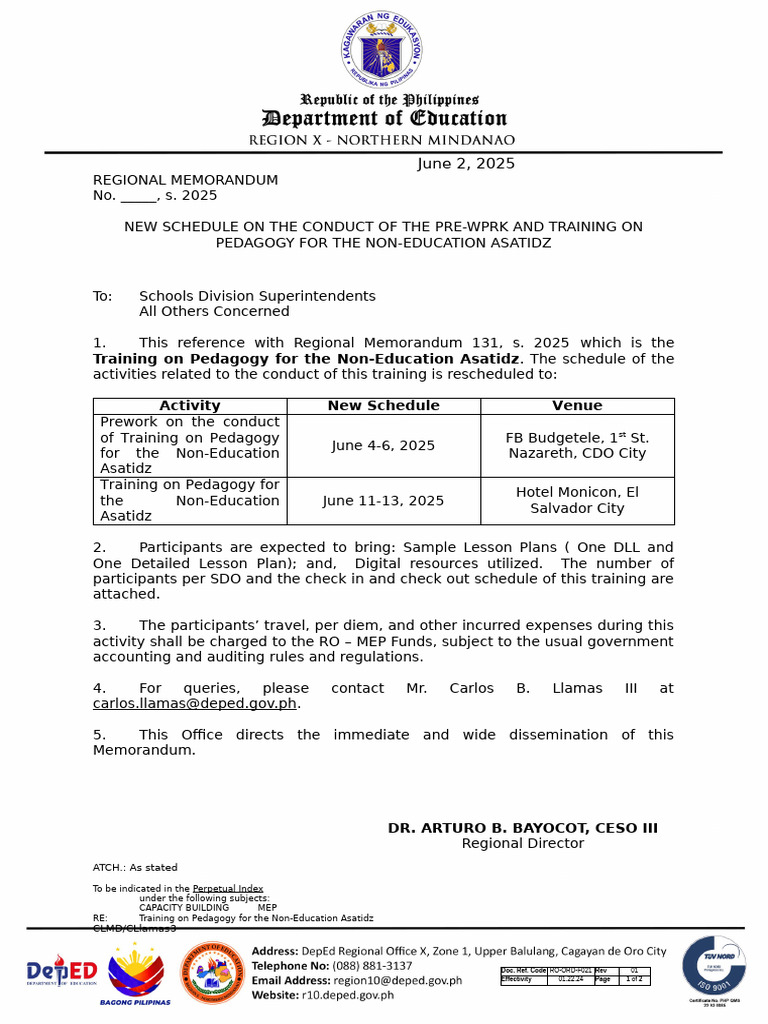 Reschedule Training On Pedagogy For The Non Education Asatidz Edited | PDF