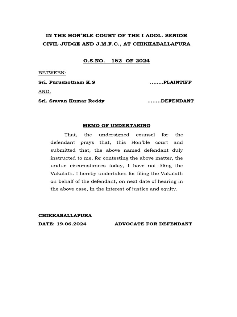 Memo of Undertaking for Vakalath Filing | PDF