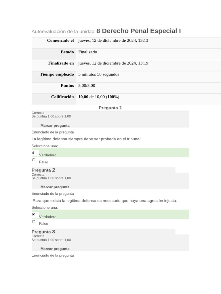 Autoevaluación de La Unidad 8 Derecho Penal Especial I | PDF