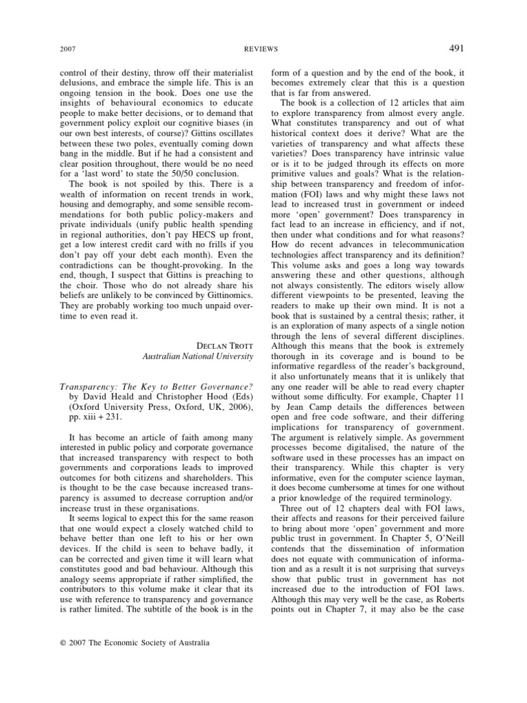 Transparency The Key To Better Governanc | PDF | Transparency (Behavior) | Reason