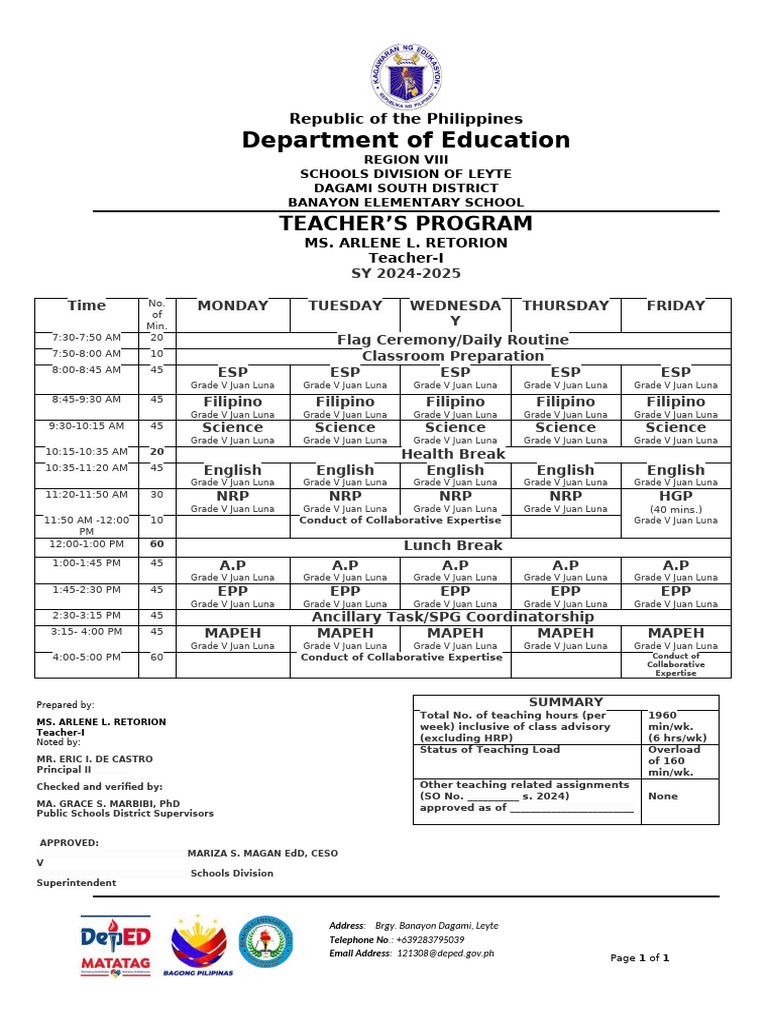 Teacher's Program-Grade 5 Juan Luna | PDF | Philippines | Government
