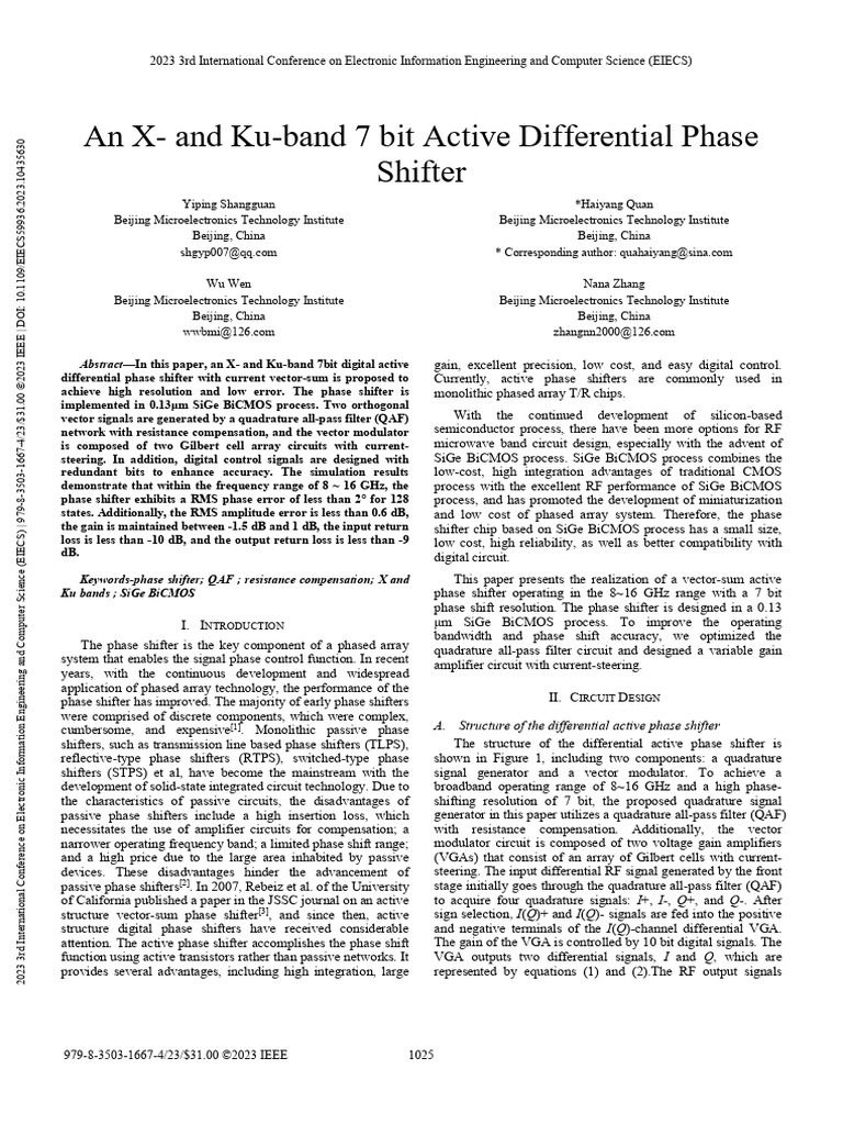 An X - and Ku-Band 7 Bit Active Differential Phase Shifter | PDF | Amplifier | Phase (Waves)