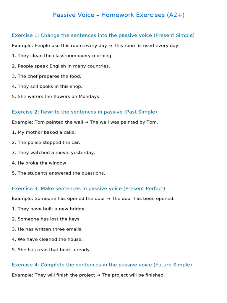 Passive Voice Homework A2+ | PDF
