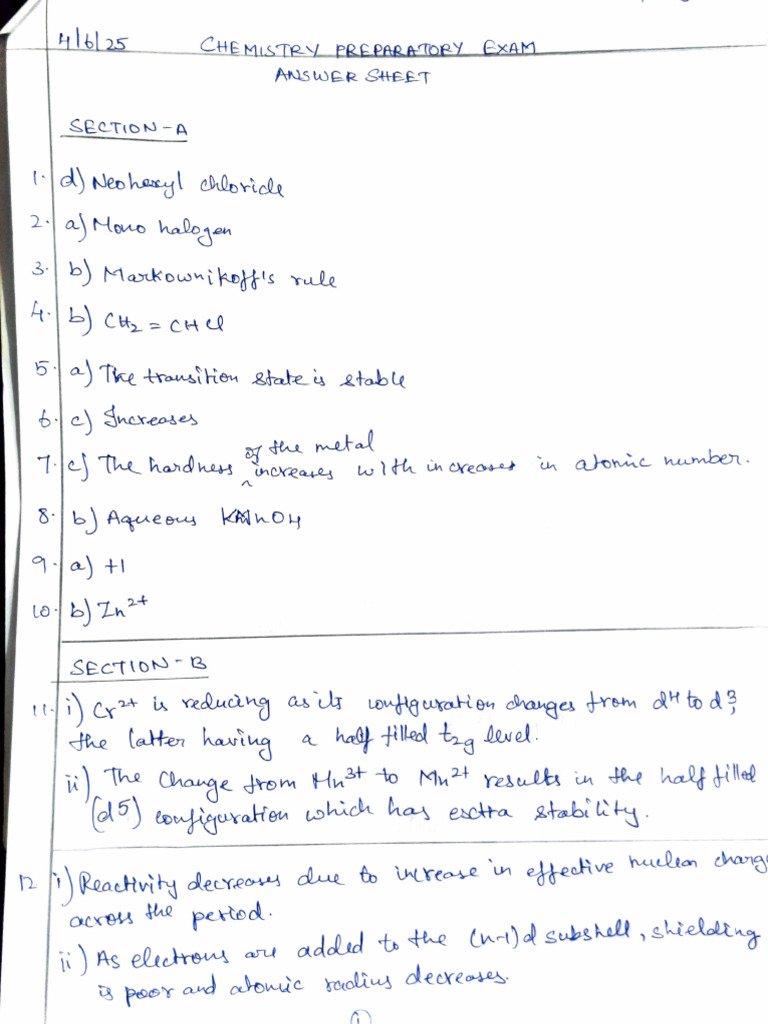 Chem Prep Exam Answer Sheet XII | PDF | Benzene