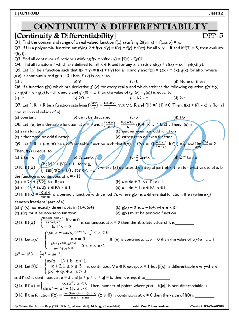 Continuity & Differentiabilty - Class 12 - DPP 5 | PDF | Function (Mathematics) | Continuous ...
