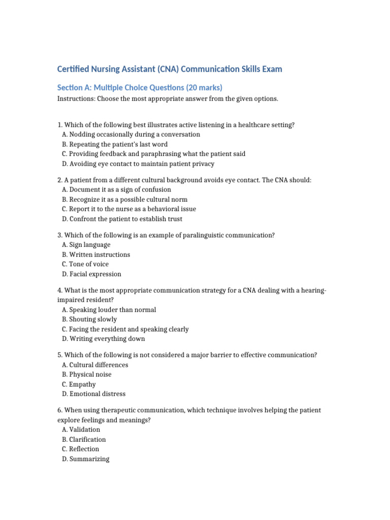 CNA Communication Skills Exam Guide | PDF | Communication | Nonverbal ...