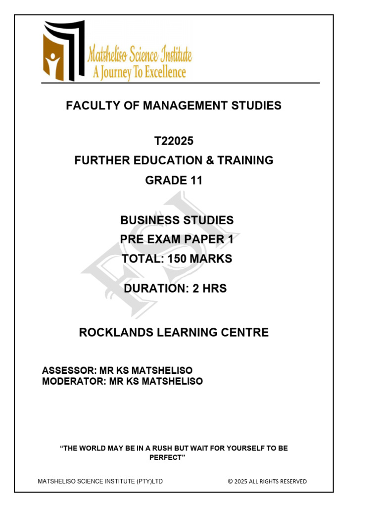 2025 Pre Exam Paper 1 Business Studies Grade 11 | PDF | Marketing ...