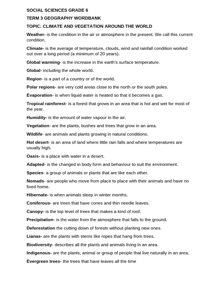 2023-Grade 6 Geography Word Bank Term 3 | PDF