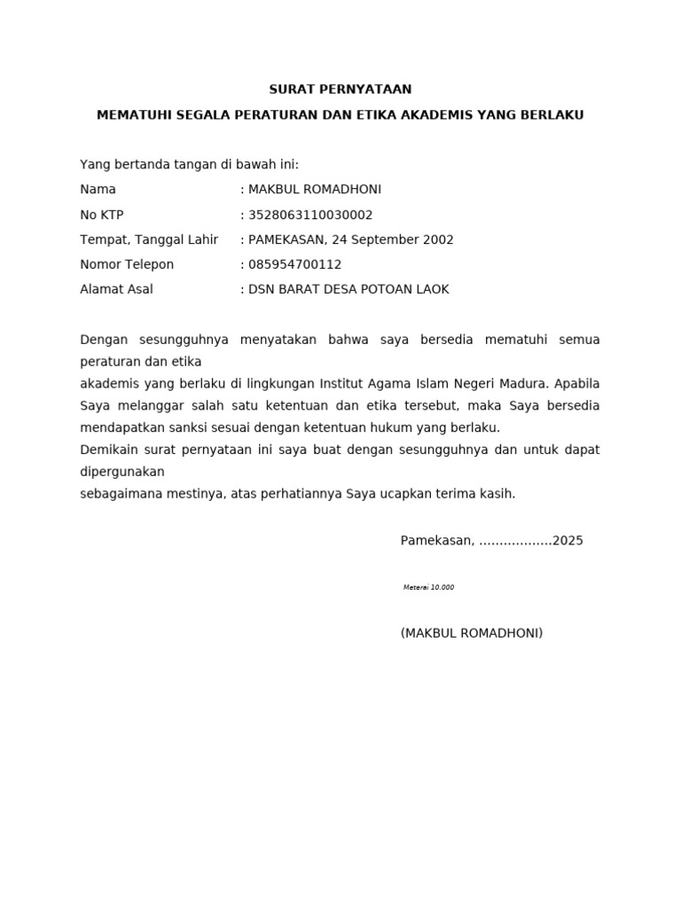 Contoh Berkas Surat Pernyataan Mentaati Aturan | PDF