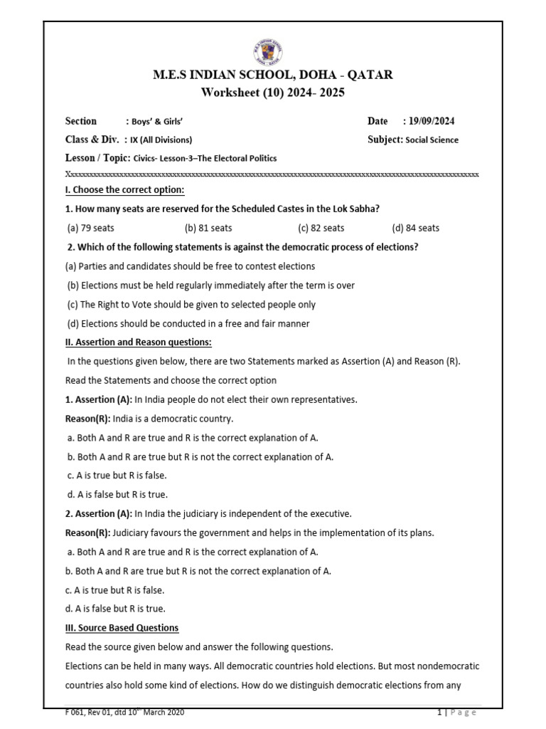 ElectoralPolitics(Worksheet) | PDF | Elections | Voting