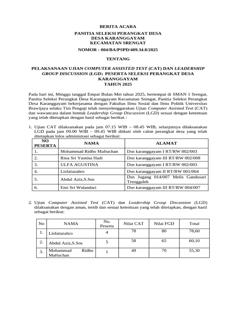 Berita Acara Hasil Ujian Dan Rekapitulasi | PDF