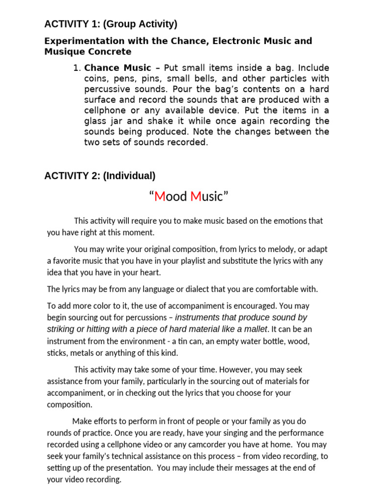 Chance Music and Mood Composition Activities | PDF