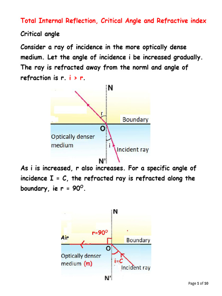 Critical Angle and Total Internal Reflection | PDF | Refraction ...