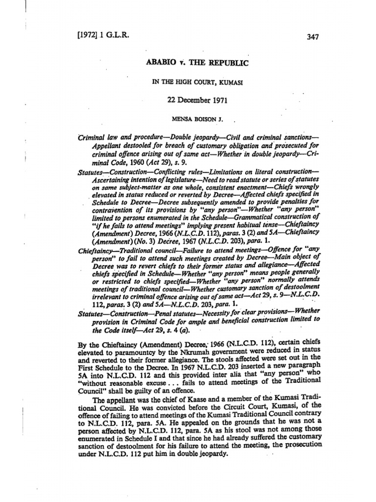 Ababio v. Republic (1972) 1 GLR 347 | PDF