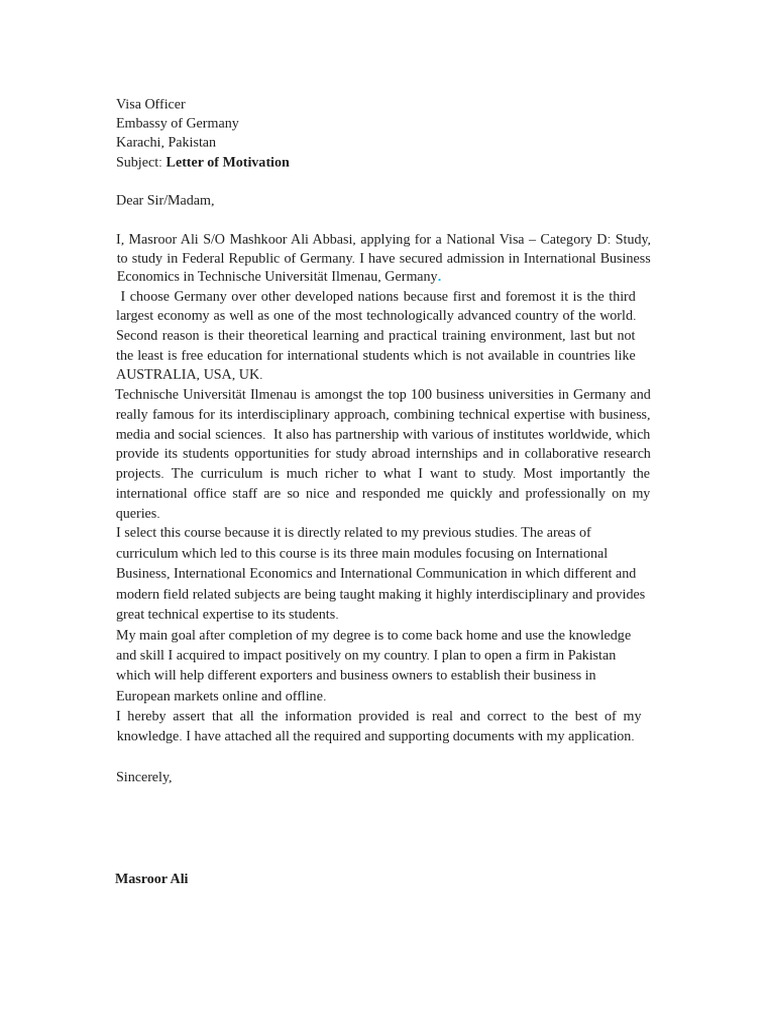 Motivational Letter For Germany | PDF