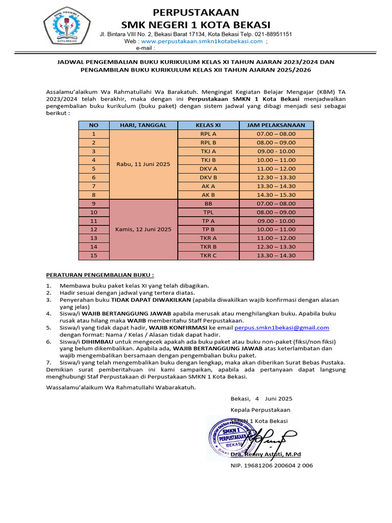Jadwal Pengambilan Buku Kelas X Xi 2425 | PDF