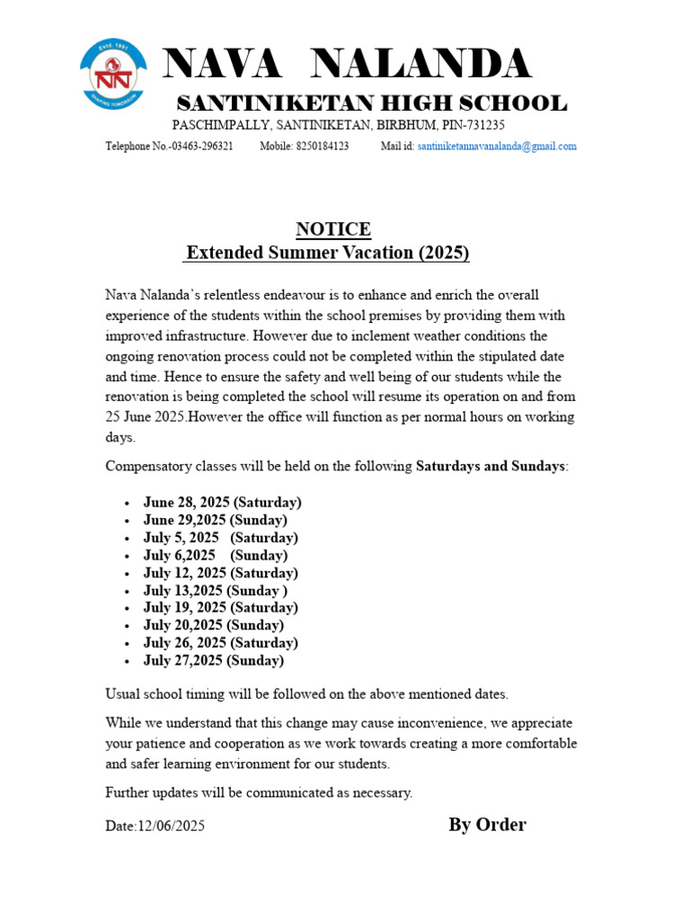 Notice Extended Summer Vacation | PDF