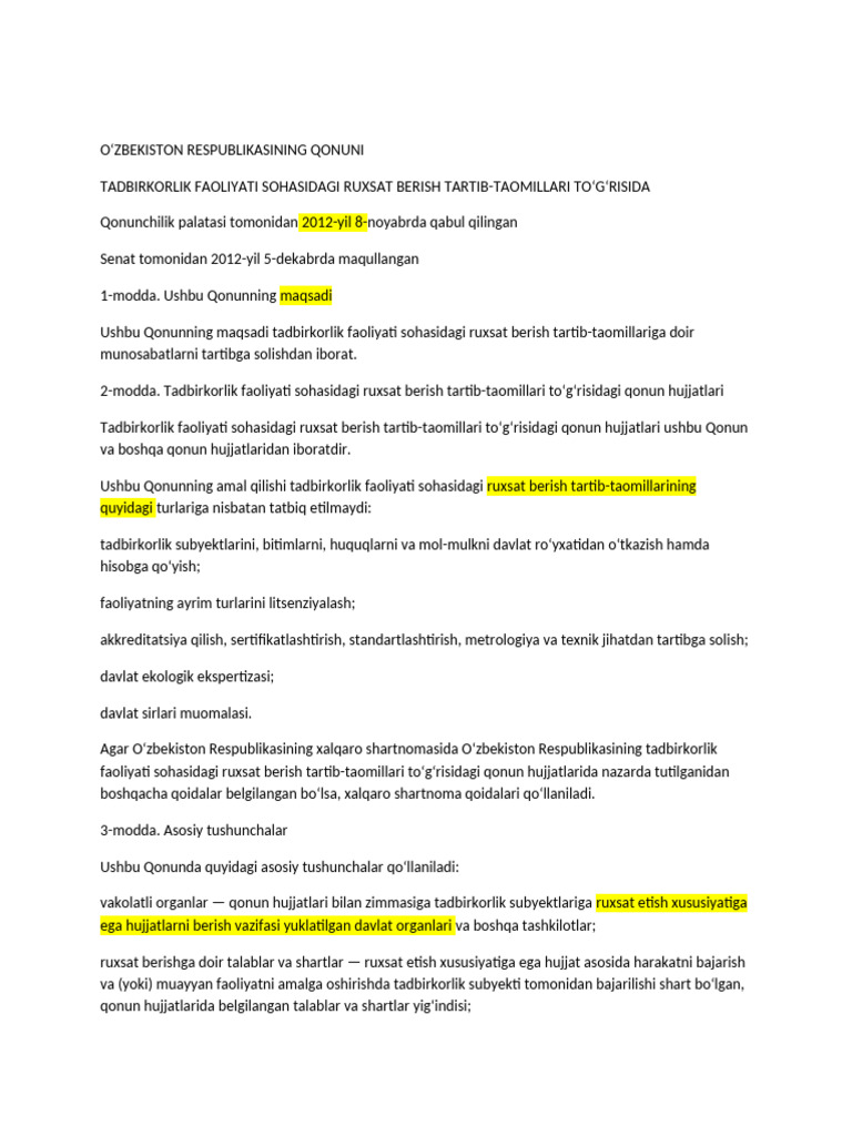 Tadbirkorlik Faoliyatiga Ruxsat Berish | PDF