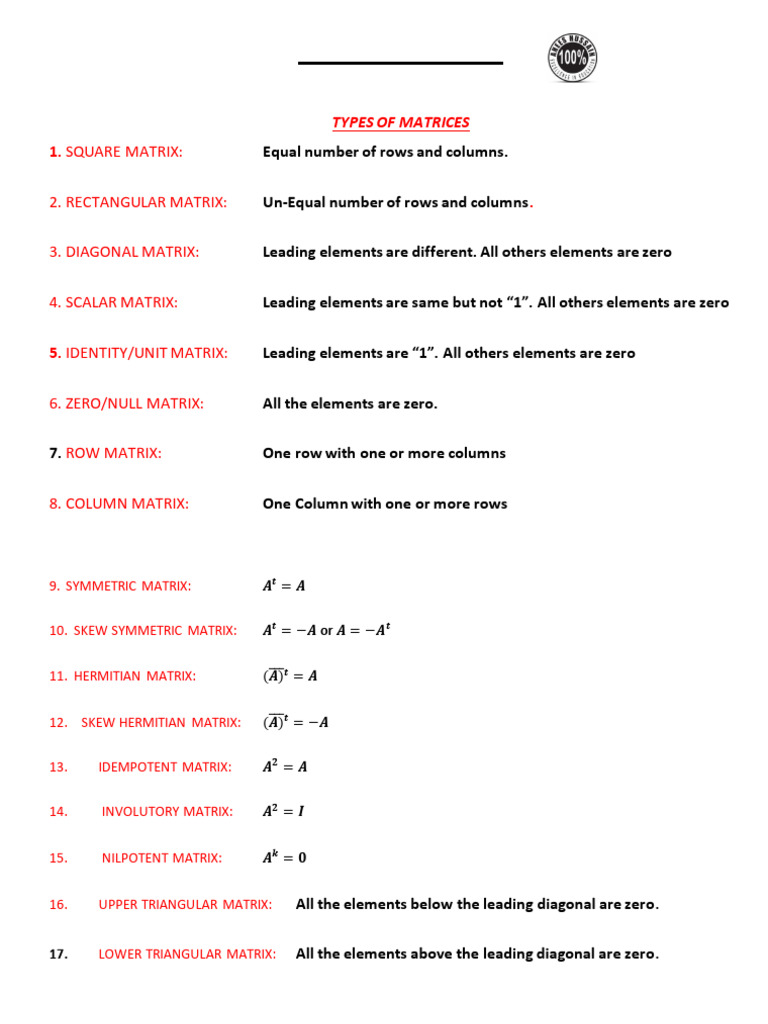 Types of Matrices for Class 11 | PDF