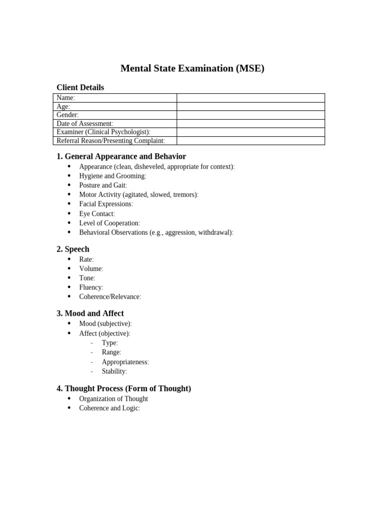 Mental State Examination Template | PDF