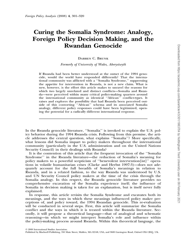 Brunk - Curing The Somalia Syndrome Analogy Foreign Policy Decision ...