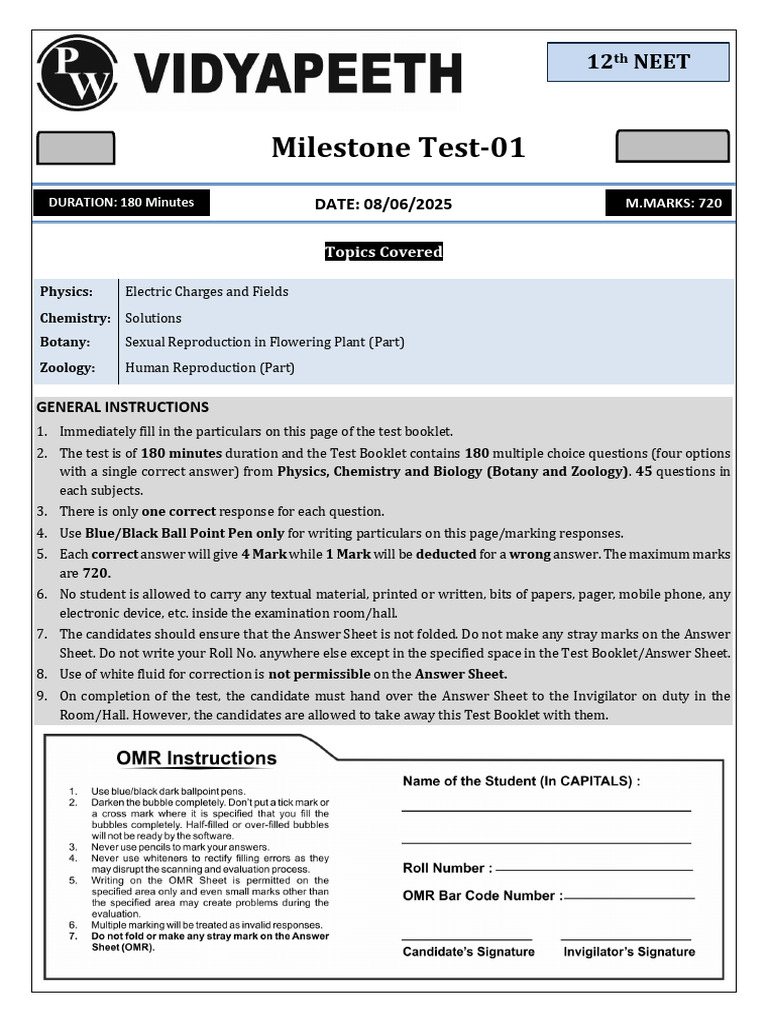 Milestone Test - 01 - Test Paper | PDF | Physical Quantities | Quantity