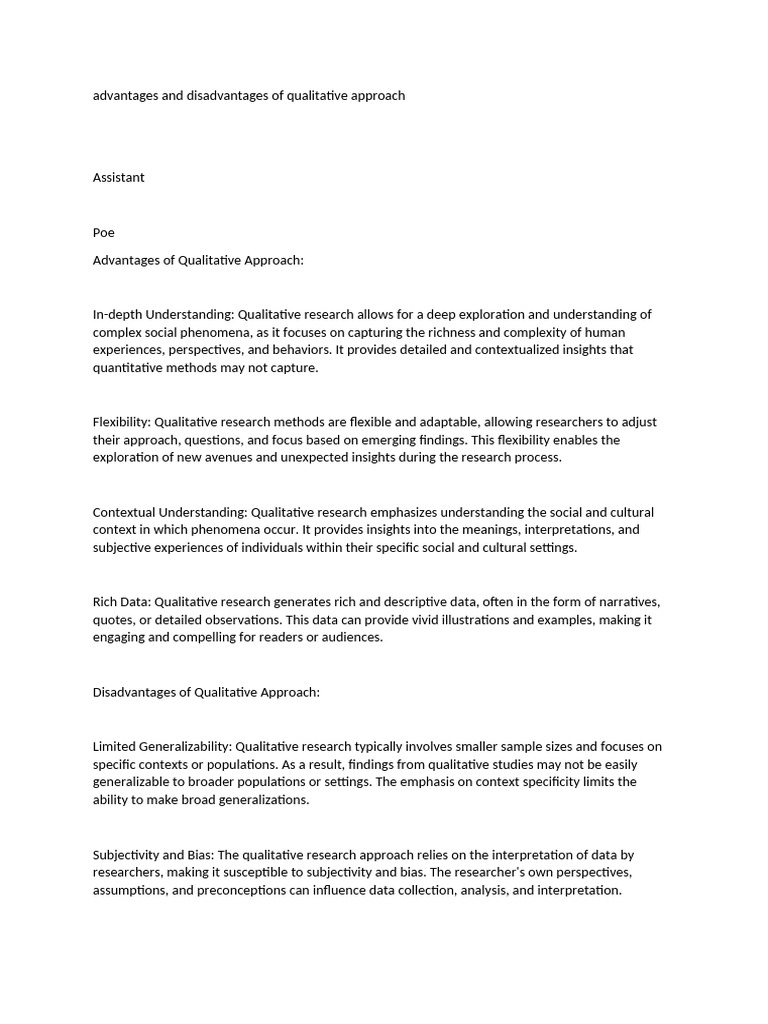 Advantages and Disadvantages of Qualitative Approach | PDF | Quantitative Research | Qualitative ...
