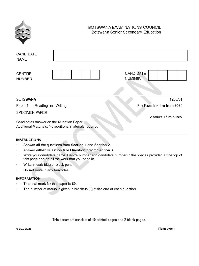 1235 Setswana Paper 1 Specimen | PDF | Languages Of Africa | Southern ...