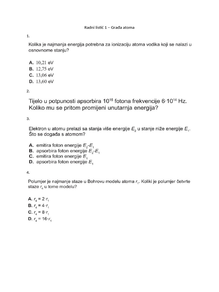 32. Radni Listić 1 - Građa Atoma (1) | PDF