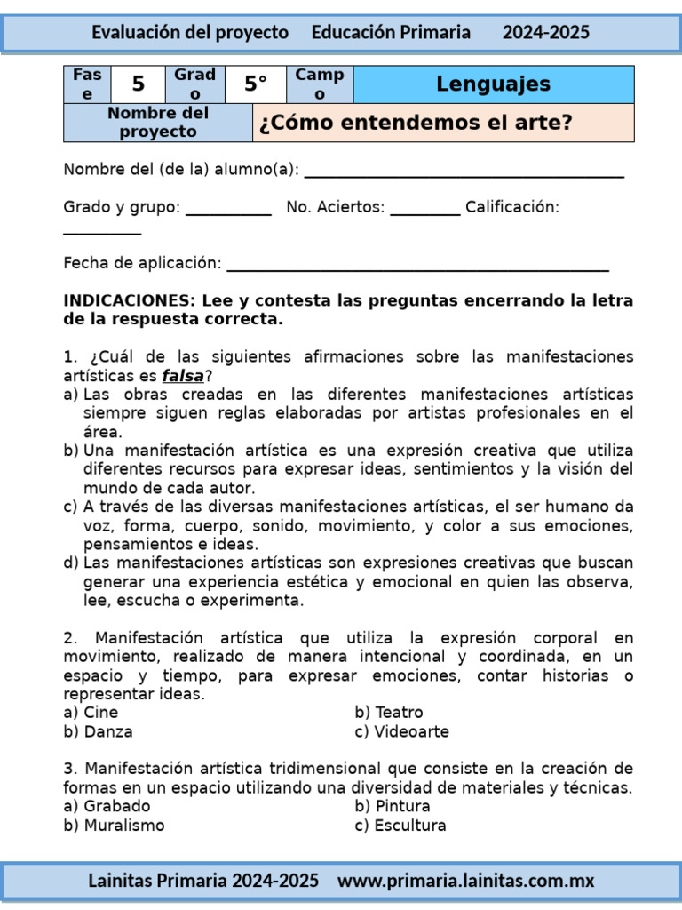 5to Grado Junio - Examen 01 Cómo Entendemos El Arte (2024-2025) | PDF ...