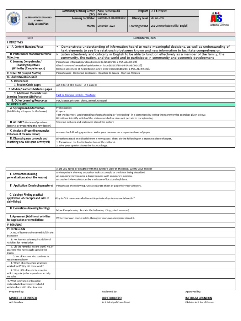 ALS Lesson Plan: Paraphrasing Skills | PDF | Learning | Cognitive Science