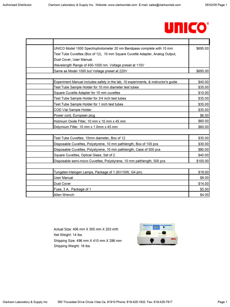 2005 List Price: UNICO 1000 Series Spectrophotometer | PDF