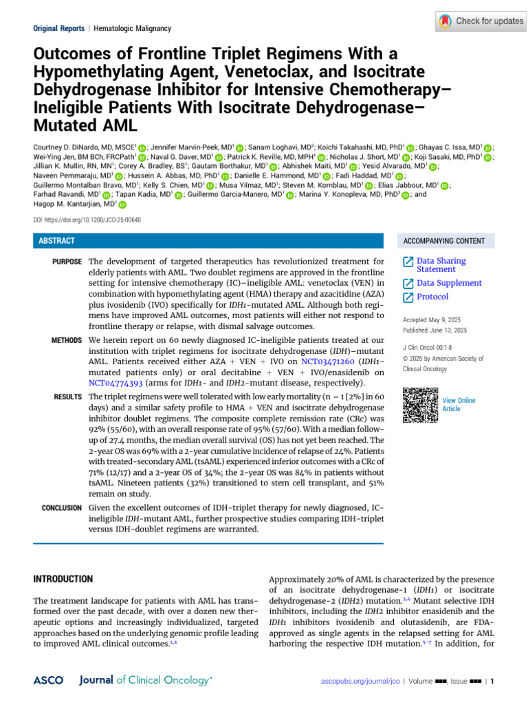 Dinardo Et Al 2025 Outcomes of Frontline Triplet Regimens With A Hypomethylating Agent ...