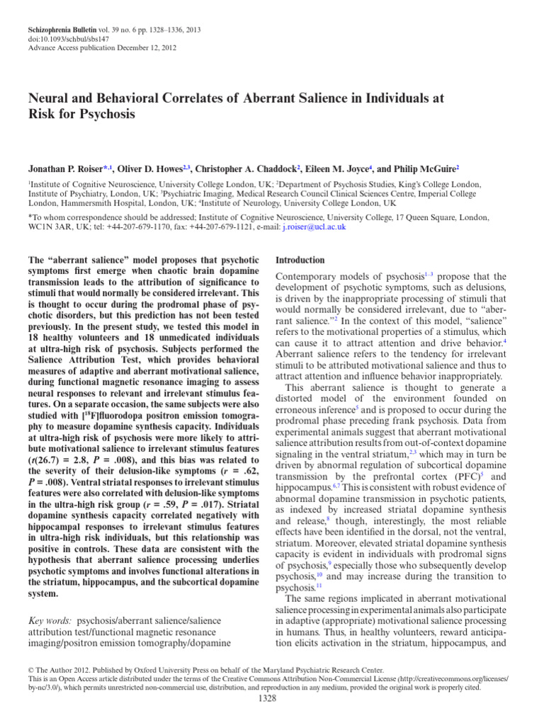 Aberrant Salience in Psychosis Risk | PDF | Psychosis | Dopamine
