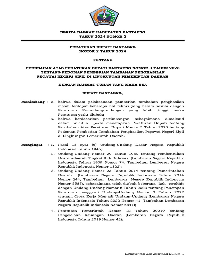 Perbup No. 2 Tahun 2024 Perubahan Atas Peraturan Bupati Bantaeng Nomor 3 Tahun 2023 Tentang ...