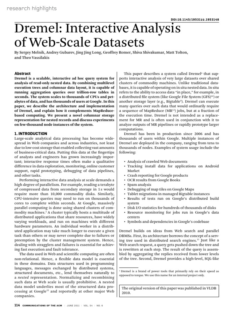 Dremel - Interactive Analysis of Web-Scale Datasets | PDF | Computer Cluster | Integer (Computer ...