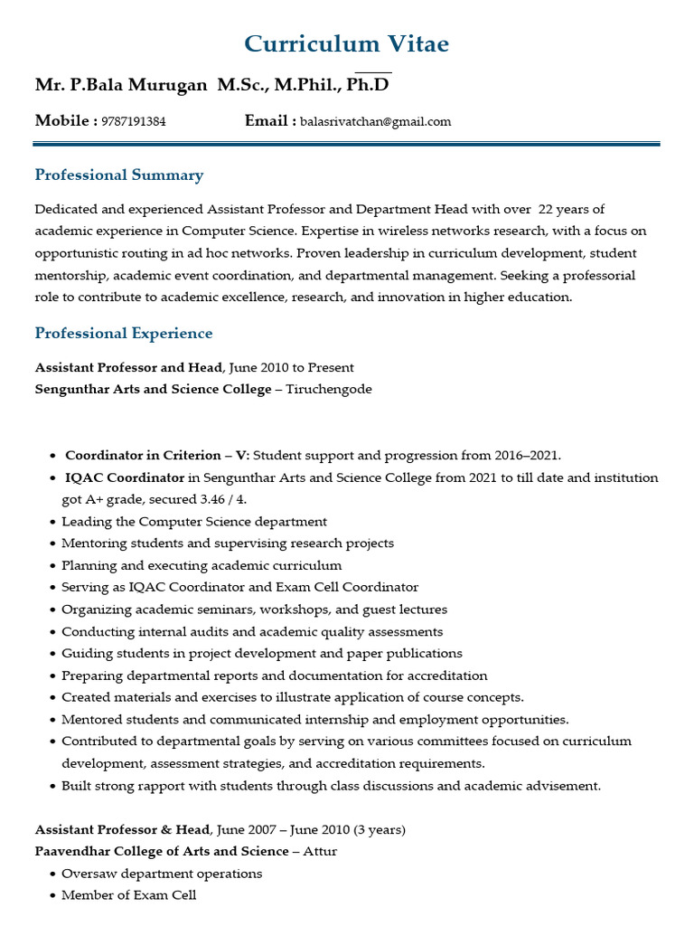 Bala Murugan Resume Final | PDF | Mentorship | Wireless Ad Hoc Network