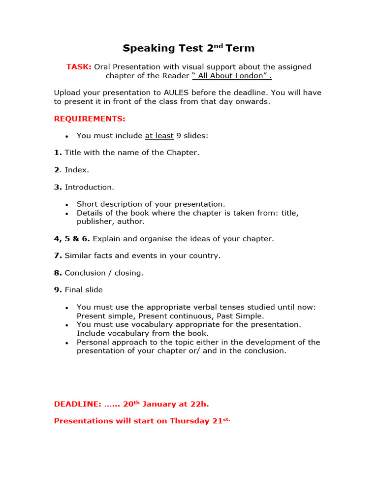 Speaking Test 2nd Term 2º ESO | PDF