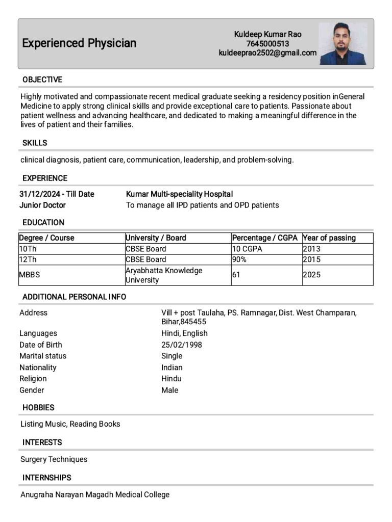 Junior Doctor Resume - Kuldeep Rao | PDF