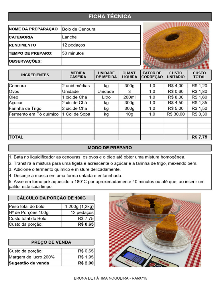 Ficha Técnica do Bolo de Cenoura | PDF