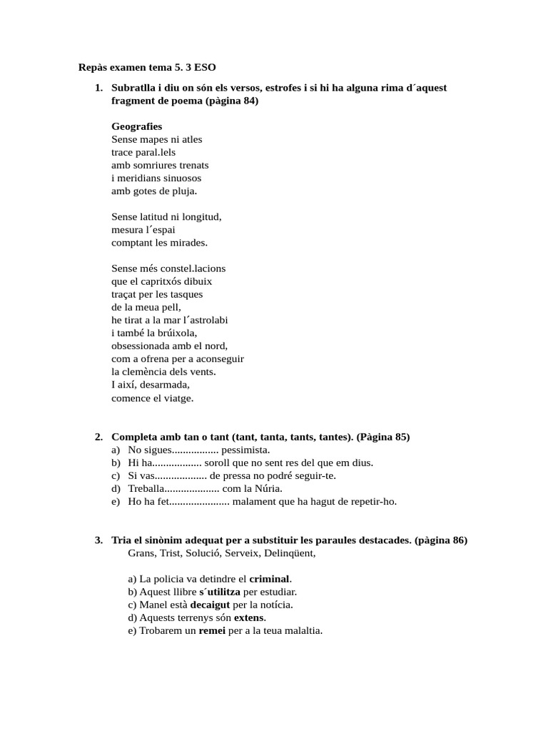 Repàs Examen Tema 5. 3 ESO | PDF