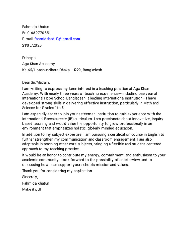 Teaching Position Application at AK Academy | PDF