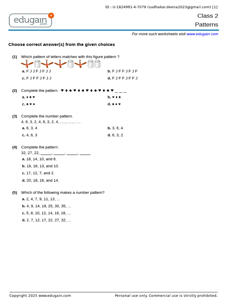 Class 2 Pattern Worksheets | PDF