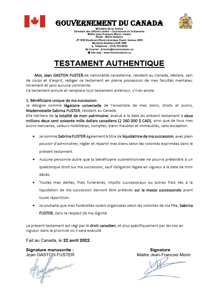 Testament authentique de Jean Fuster | PDF | Canada | Gouvernement