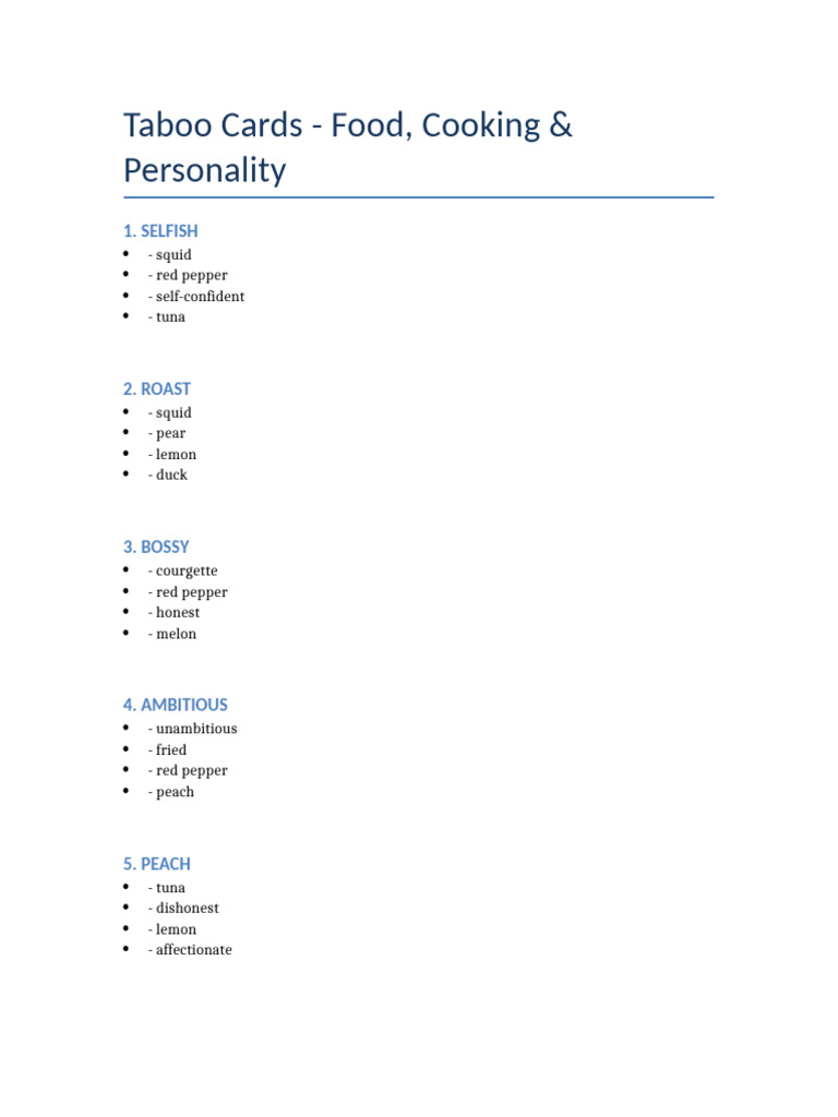 Taboo Cards Food Personality | PDF