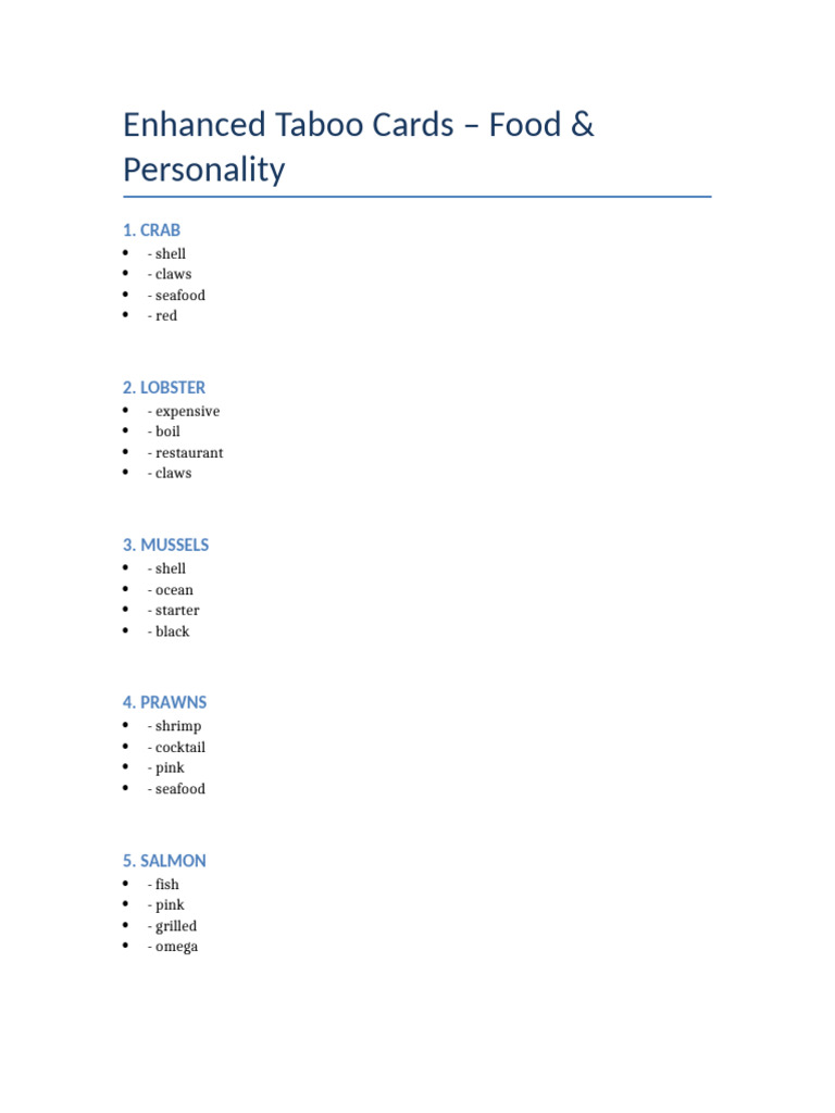 Enhanced Taboo Cards Food Personality | PDF