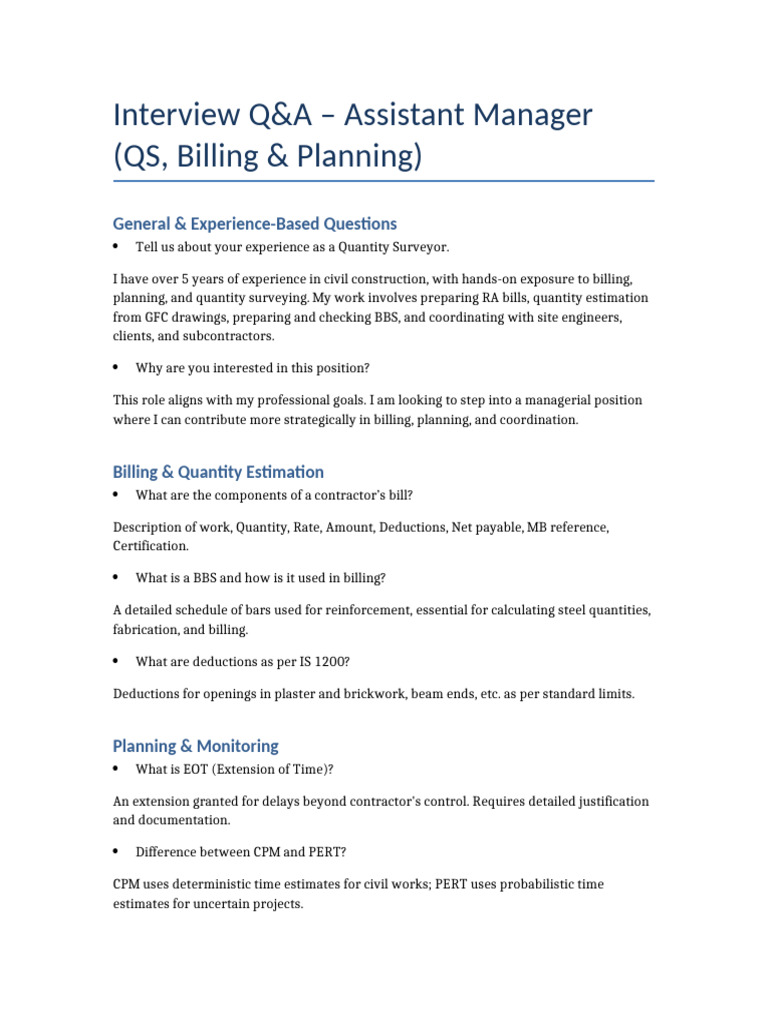 Assistant Manager QS Interview QA | PDF