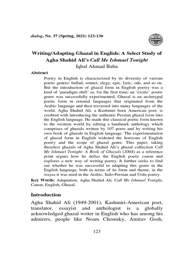 WritingAdapting Ghazal in English A Select Study of Agha Shahid Alis ...